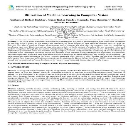Utilization of Machine Learning in Computer Vision | PDF