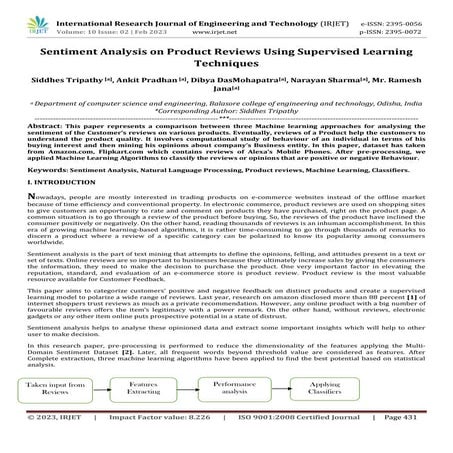 Sentiment Analysis On Product Reviews Using Supervised Learning Techniques Pdf