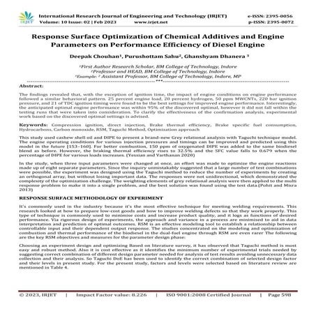 Response Surface Optimization Of Chemical Additives And Engine