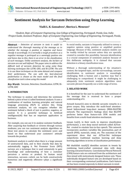Sentiment Analysis For Sarcasm Detection Using Deep Learning Pdf