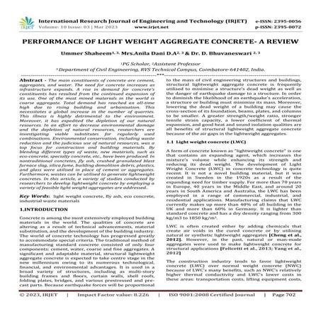 PERFORMANCE OF LIGHT WEIGHT AGGREGATE CONCRETE- A REVIEW | PDF