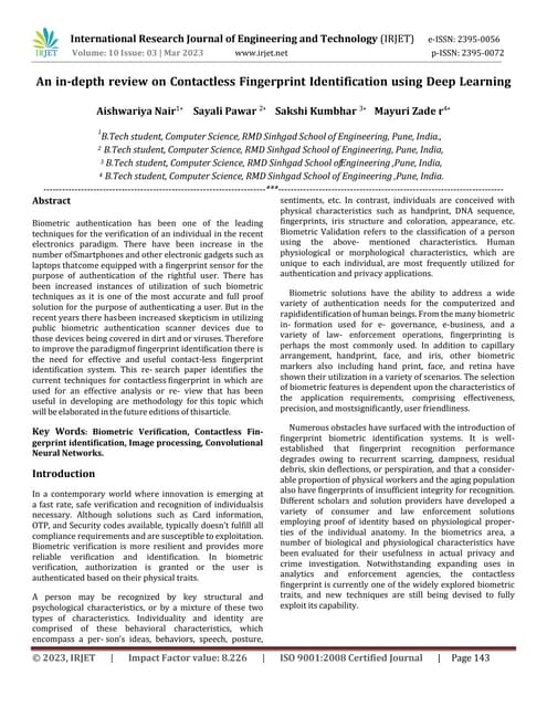An In Depth Review On Contactless Fingerprint Identification Using Deep Learning Pdf