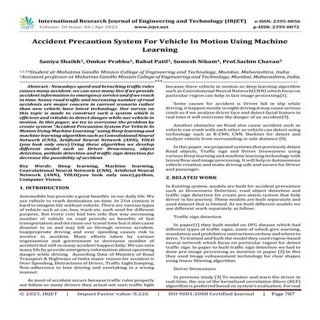 Accident Precaution System For Vehicle In Motion Using Machine Learning ...