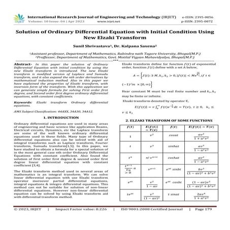 Solution Of Ordinary Differential Equation With Initial Condition Using New Elzaki Transform Pdf