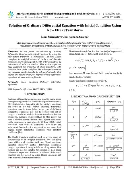 Solution Of Ordinary Differential Equation With Initial Condition Using New Elzaki Transform Pdf