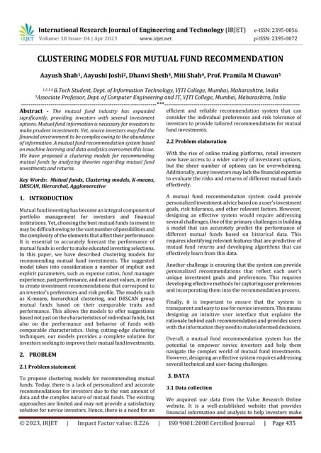 CLUSTERING MODELS FOR MUTUAL FUND RECOMMENDATION | PDF CLUSTERING MODELS FOR MUTUAL FUND RECOMMENDATION | PDF