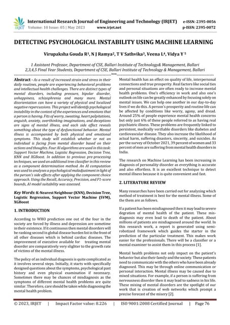 Mental Illness Prediction using Machine Learning Algorithms | PDF | Mental Health | Diseases and ...