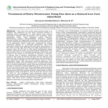 Treatment of Dairy Wastewater Using Saw dust as a Natural Low Cost ...