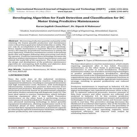 Developing Algorithm for Fault Detection and Classification for DC Motor Using Predictive ...