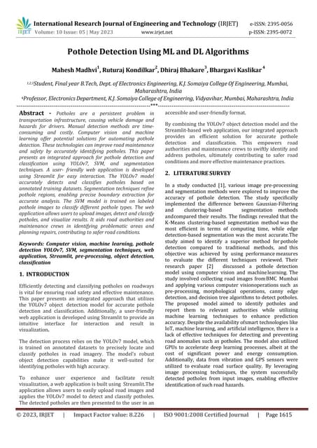 Pothole Detection Using Ml And Dl Algorithms Pdf