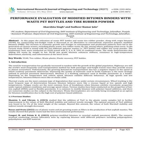 PERFORMANCE EVALUATION OF MODIFIED BITUMEN BINDERS WITH WASTE PET ...