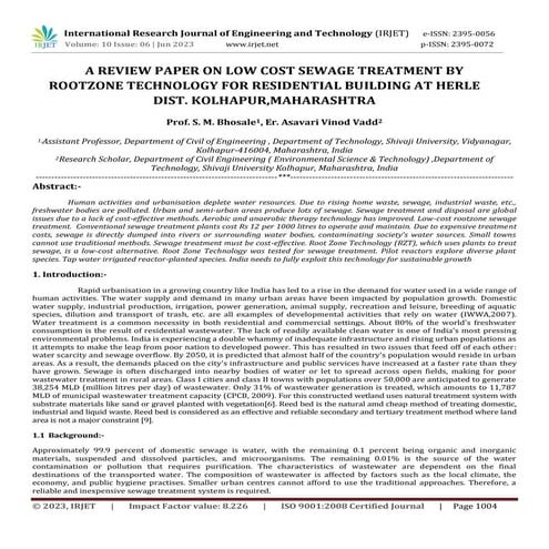 A REVIEW PAPER ON LOW COST SEWAGE TREATMENT BY ROOTZONE TECHNOLOGY FOR ...
