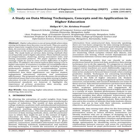 A Study on Data Mining Techniques, Concepts and its Application in Higher Education | PDF