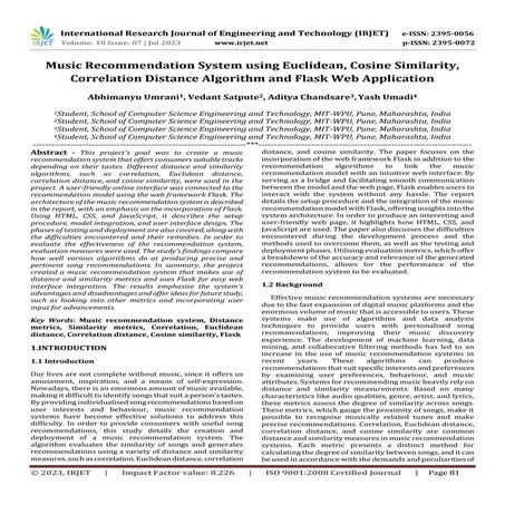 Music Recommendation System using Euclidean, Cosine Similarity, Correlation Distance Algorithm ...
