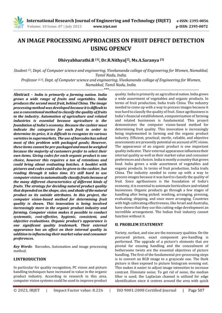An Image Processing Approaches On Fruit Defect Detection Using Opencv Pdf