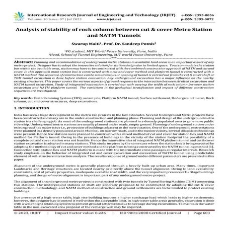 Analysis of stability of rock column between cut & cover Metro Station and NATM Tunnels | PDF