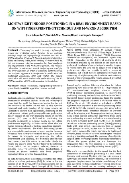 Lightweight Indoor Positioning In A Real Environment Based On Wifi