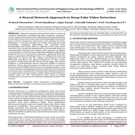 A Neural Network Approach to Deep-Fake Video Detection | PDF