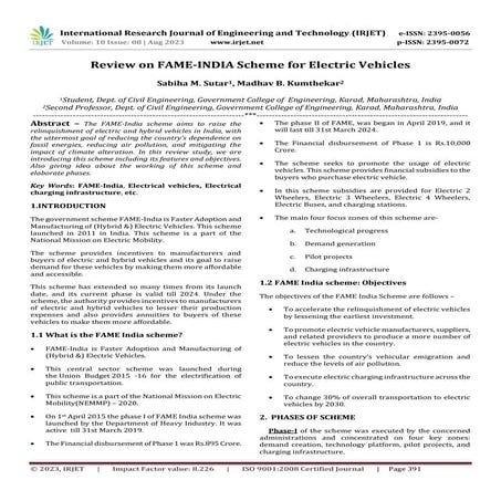 Review on FAME-INDIA Scheme for Electric Vehicles | PDF