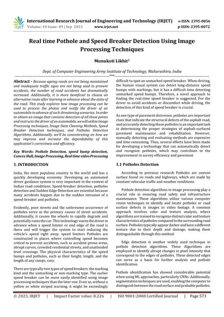 Real time Pothole and Speed Breaker Detection Using Image Processing ... Real time Pothole and Speed Breaker Detection Using Image Processing ...