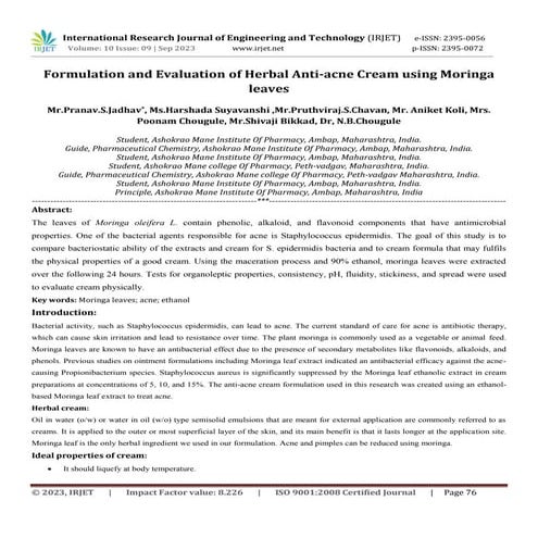 Formulation and Evaluation of Herbal Anti-acne Cream using Moringa leaves | PDF | Skin and ...