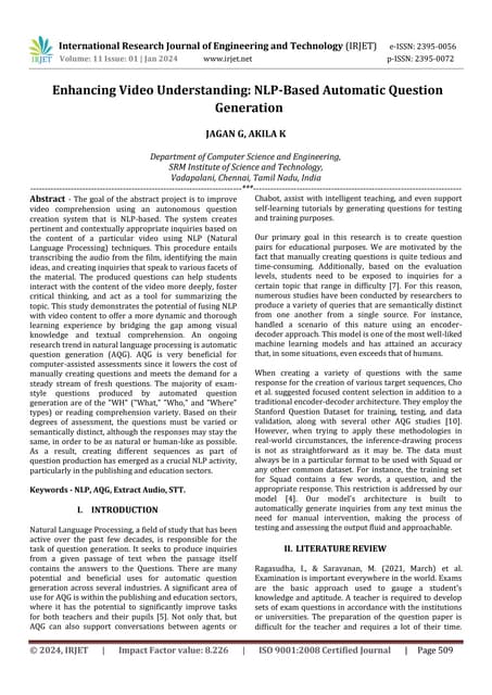 Enhancing Video Understanding Nlp Based Automatic Question Generation