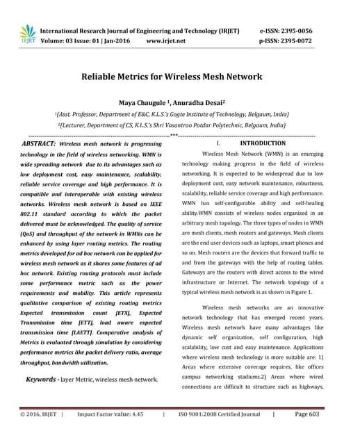 Reliable Metrics For Wireless Mesh Network Pdf