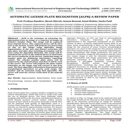Automatic License Plate Recognition [ALPR]-A Review Paper | PDF