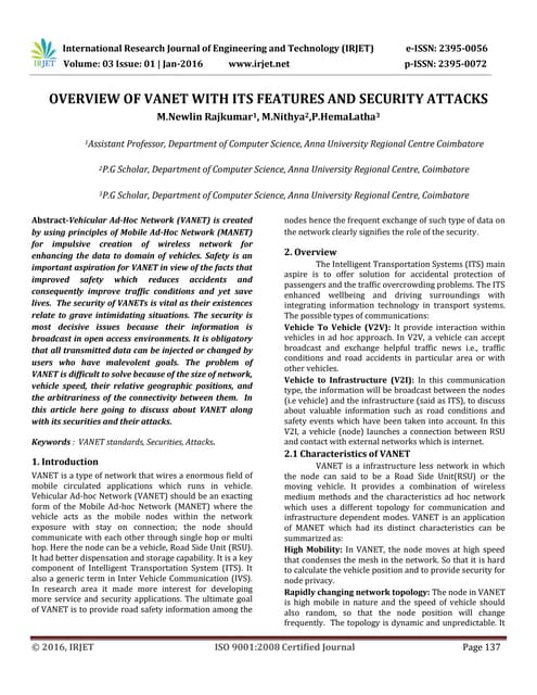 Overview Of Vanet With Its Features And Security Attacks Pdf Computer Networking Computing