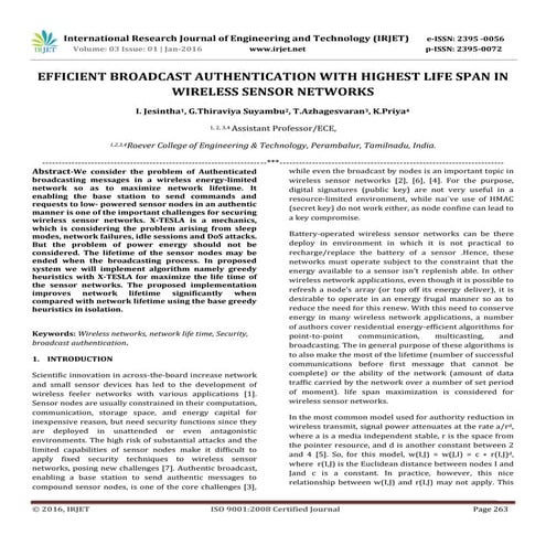 Efficient Broadcast Authentication with Highest Life Span in Wireless Sensor Networks | PDF