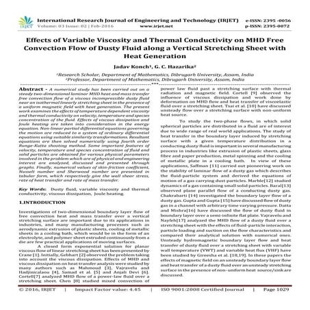 Effects Of Variable Viscosity And Thermal Conductivity On Mhd Free Convection Flow Of Dusty