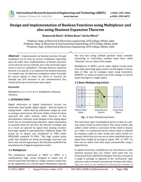Design and Implementation of Boolean Functions using Multiplexer and ... Design and Implementation of Boolean Functions using Multiplexer and ...