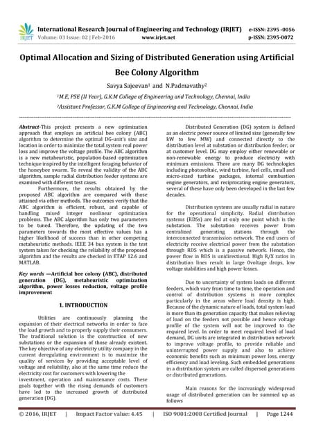 Optimal Allocation And Sizing Of Distributed Generation Using Artificial Bee Colony Algorithm Pdf