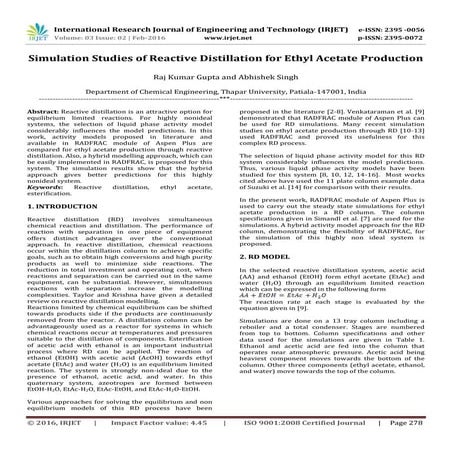 Simulation Studies of Reactive Distillation for Ethyl Acetate Production | PDF
