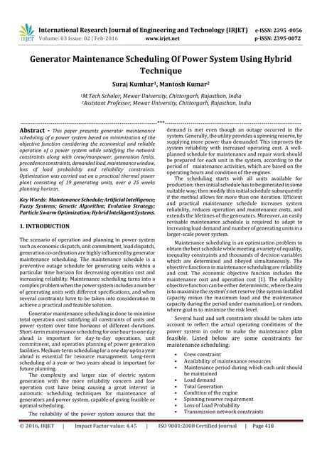 Generator Maintenance Scheduling Of Power System Using Hybrid Technique Pdf Genetics Science