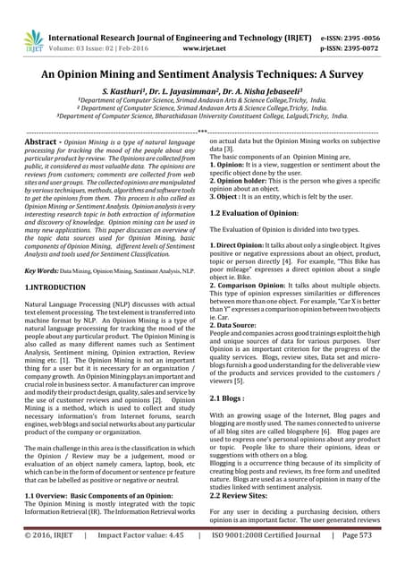 An Opinion Mining And Sentiment Analysis Techniques A Survey Pdf