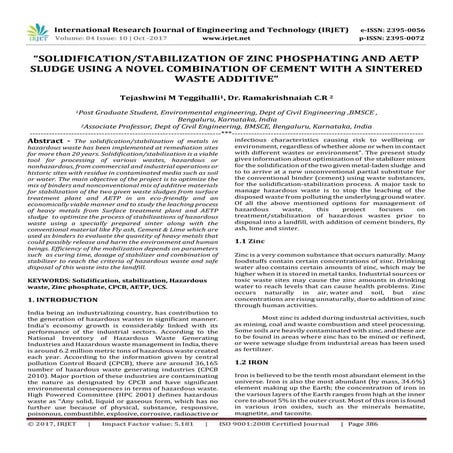 Solidification/Stabilization of Zinc Phosphating and AETP Sludge using a Novel Combination of ...
