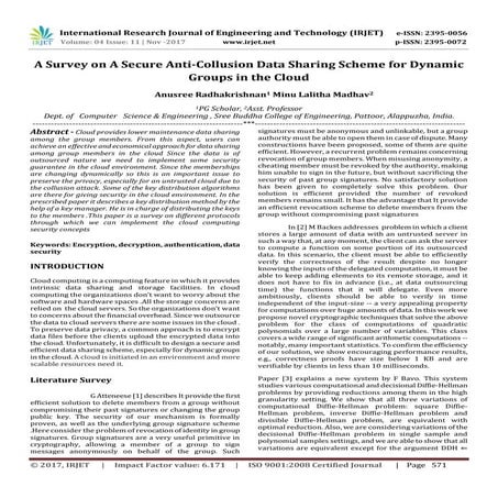 A Survey on A Secure Anti-Collusion Data Sharing Scheme for Dynamic Groups in the Cloud | PDF