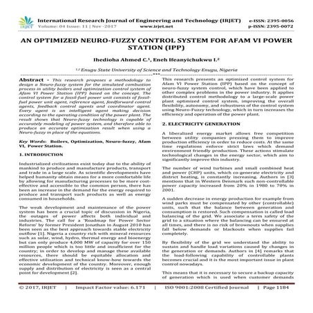 An Optimized Neuro-Fuzzy Control System for Afam Vi Power Station (IPP) | PDF