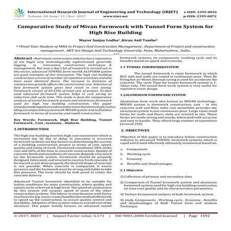 Comparative Study of MIVAN Formwork with Tunnel form System for High Rise Building | PDF
