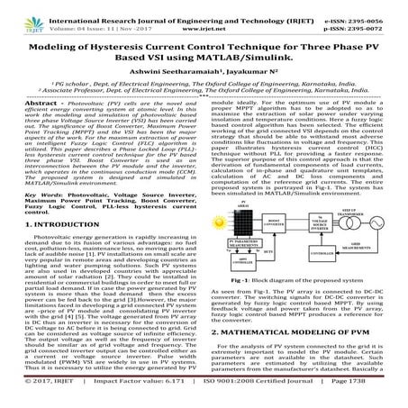 Modeling Of Hysteresis Current Control Technique For Three Phase Pv Based Vsi Using Matlab