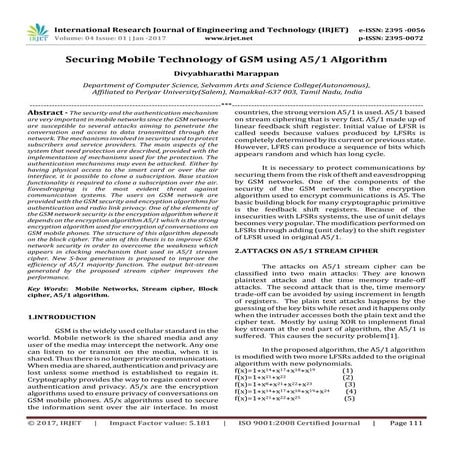 Securing Mobile Technology Of Gsm Using A5/1 Algorithm | PDF