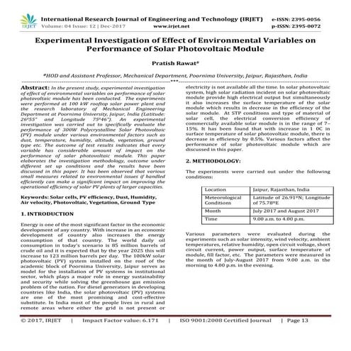 Experimental Investigation of Effect of Environmental Variables on ...