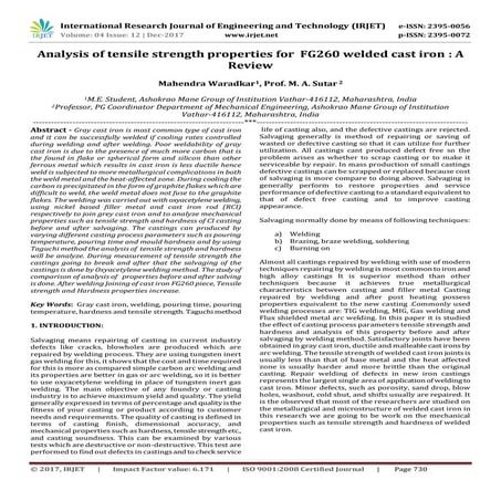 Analysis of Tensile Strength Properties for FG260 Welded Cast Iron : A ...