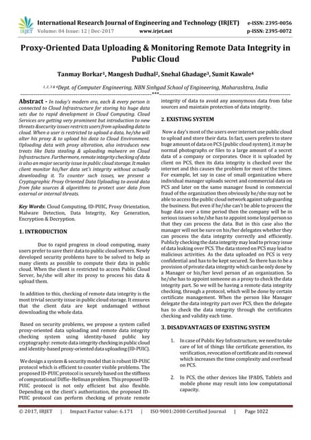 Proxy Oriented Data Uploading And Monitoring Remote Data Integrity In Public Cloud Pdf