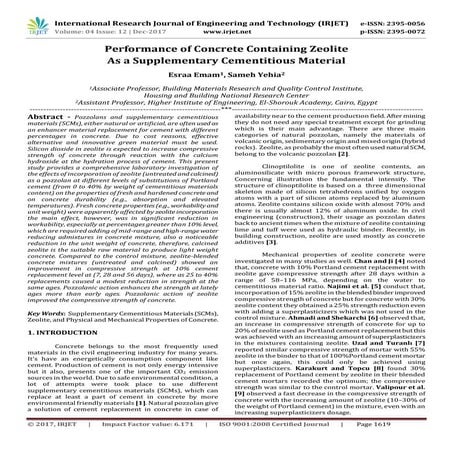 Performance of Concrete Containing Zeolite as a Supplementary Cementitious Material | PDF