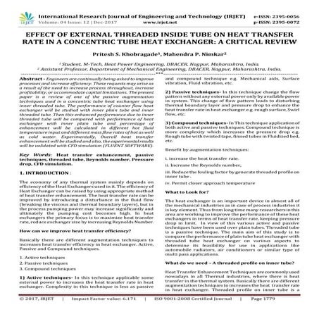 Irjet v4 i12326Effect of External Threaded Inside Tube on Heat Transfer ...
