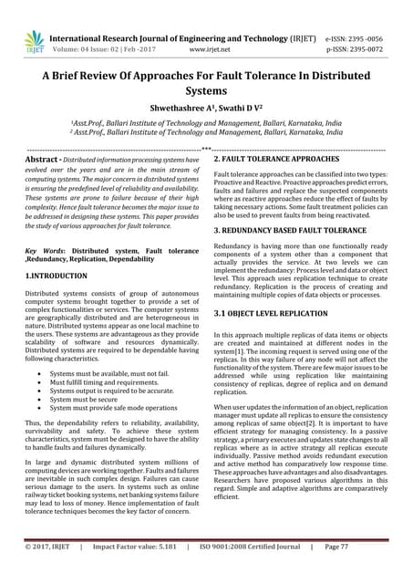 A Brief Review Of Approaches For Fault Tolerance In Distributed Systems