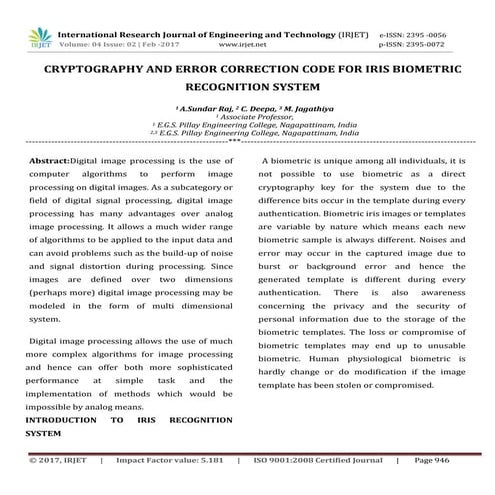 Cryptography and error correction code for iris biometric recognition system | PDF