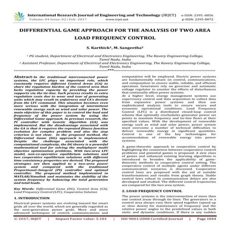Differential Game Approach For The Analysis Of Two Area Load Frequency Control Pdf